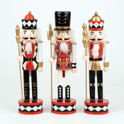 38cm Wooden Nutcrackers Figures Christmas Ornament 3Pcs Set Red and Black