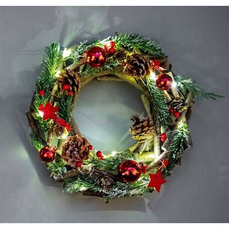 22cm - B/O LED Twig Wreath Red