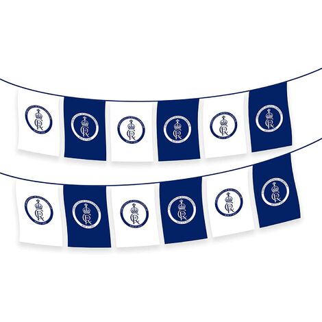 10m Bunting King Charles III Coronation Cypher Blue White Square 24 Flags