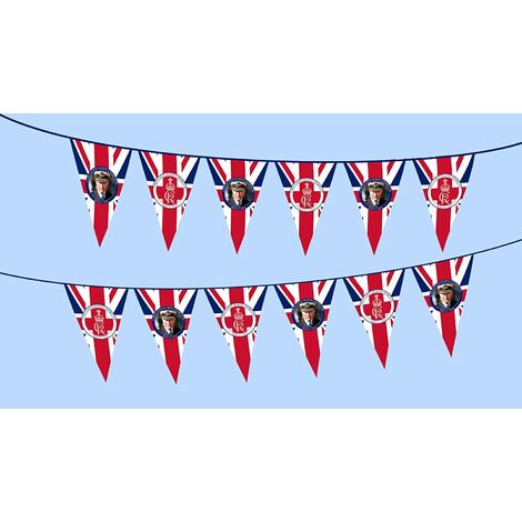 10m Bunting King Charles III Portrait 24 Triangle Union Jack Flags ...