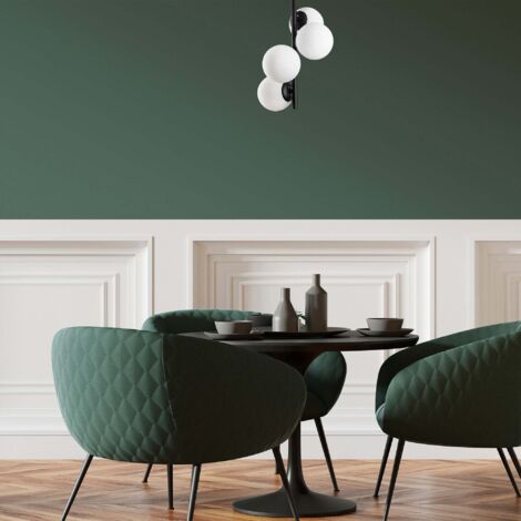 Suspension tige verticale 4 lampes globes Kasmir Verre Blanc et Métal Noir