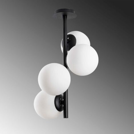 Suspension tige verticale 4 lampes globes Kasmir Verre Blanc et Métal Noir
