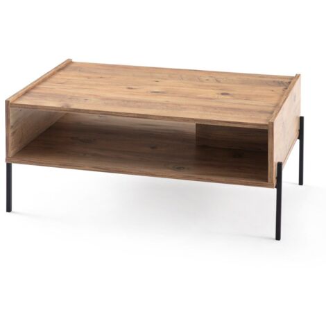 Table basse moderne avec rangement Brilya L90cm Bois Naturel et Métal Noir