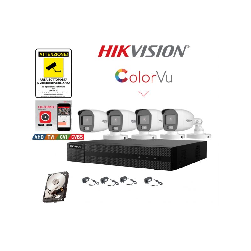 KIT VIDEOSORVEGLIANZA HIKVISION DVR 4 CANALI 4 TELECAMERE COLOR VU 2MPX ...