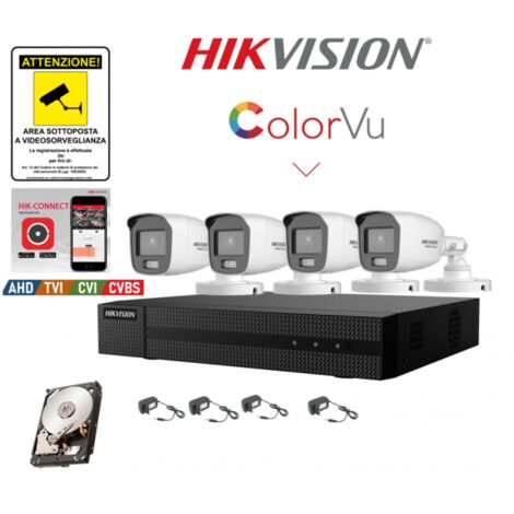 KIT VIDEOSORVEGLIANZA HIKVISION DVR 4 CANALI 4 TELECAMERE COLOR VU 2MPX ...