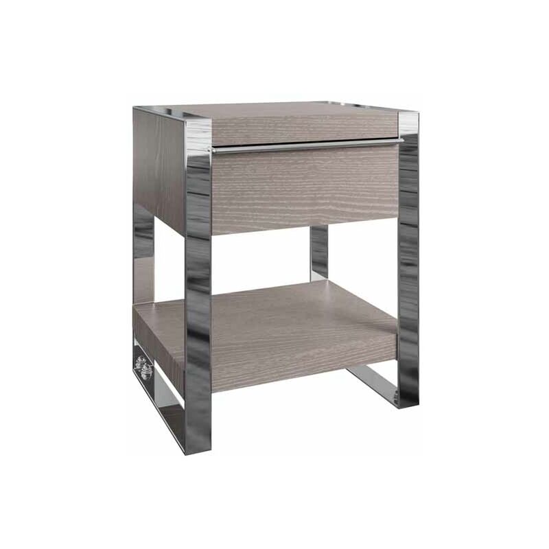 Large Side Table/Bedside Cabinet - Pine/MDF/Metal - L50 x W40 x H60 cm - Silver Oak/Chrome