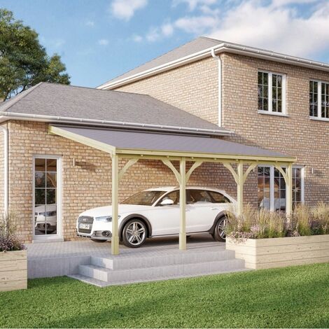 Felt Shingle Roof Car Port 4 Post - Wood - L300 x W650 cm - Light Green