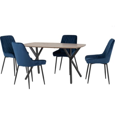 Athens Rectangular Dining Set with Avery Chairs - Medium Oak Effect/Black/Sapphire Blue Velvet