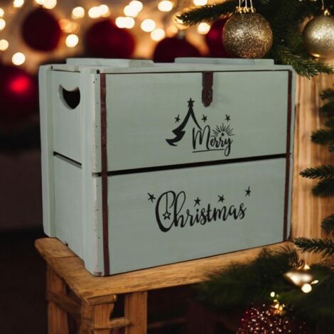 Merry Christmas Box - Wood - L36 x W42 x H30 cm - Rustic Green