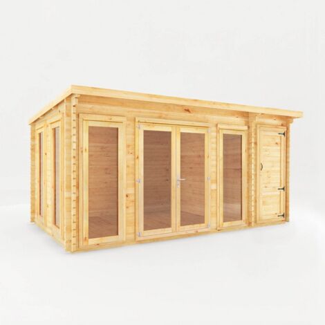 5.1 x 3 m Studio Pent Log Cabin with Side Shed - 34 mm - Timber - L333 ...