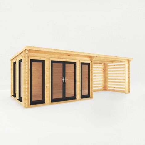 7 x 3 m Studio Pent Log Cabin with Slatted Area with UPVC Windows and ...