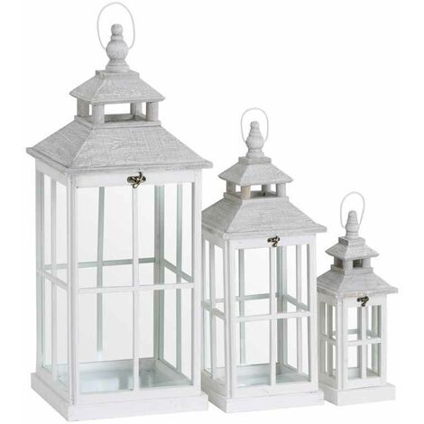 Set Of 3 White Window Style Lanterns With Open Top - L32 x W32 x H80 cm
