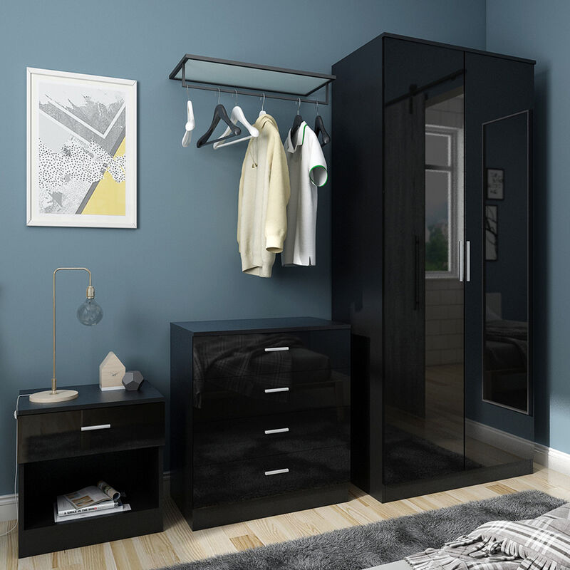 ELEGANT White Oak Modern High Gloss 3 Piece Wardrobe Furniture 2 Door Soft Hinge Mirrored Wardrobe 4 Drawer Chest of Drawers Beside Cabinet Cream Oak