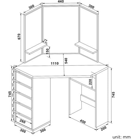ELEGANT Bedroom Furniture Corner Dressing Table Makeup Desk with 3 Large Mirrors 5 Drawers ...