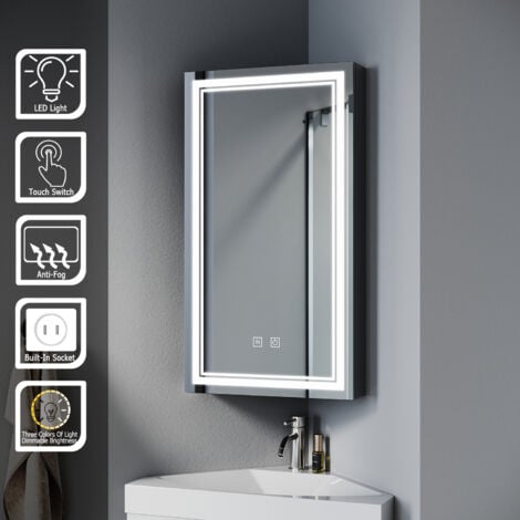 ELEGANT Corner Bathroom Mirror Cabinet 385x700m with LED Light Demister ...