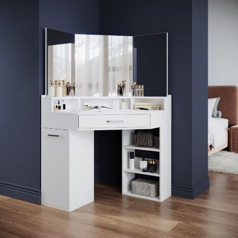 ELEGANT Modern Corner Dressing Table with Mirror, 3 Open Compartments ...
