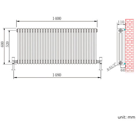 ELEGANT 600 x 1400 mm Traditional Radiator Cast Iron Style Horizontal ...