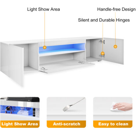 ELEGANT 2000mm Modern White High Gloss TV Stand Cabinet with LED ...