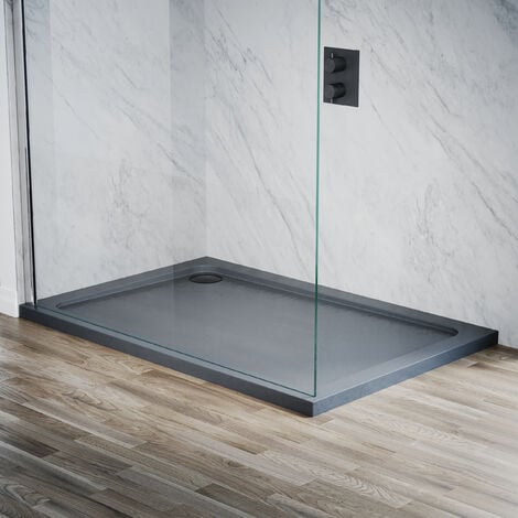 ELEGANT Anti-Slip Rectangular Stone Shower Tray Gray with Free Waste ...