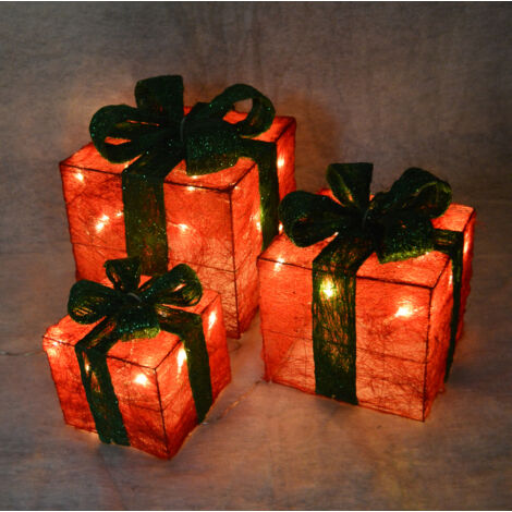 Set of 3 Light Up Light up Gift Boxes / Presents with Green Bows - Red ...