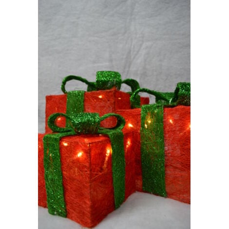 Set of 3 Light Up Light up Gift Boxes / Presents with Green Bows - Red ...