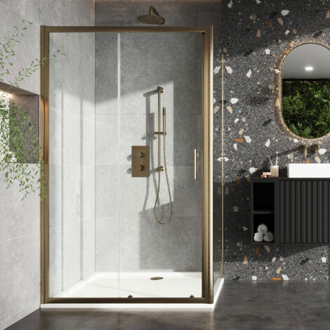 Orbit S6 Brushed Brass Sliding Shower Door 1000mm Wide - 6mm Glass