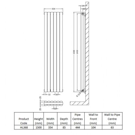 Hudson Reed Revive Double Designer Vertical Radiator 1500mm H x 354mm W ...