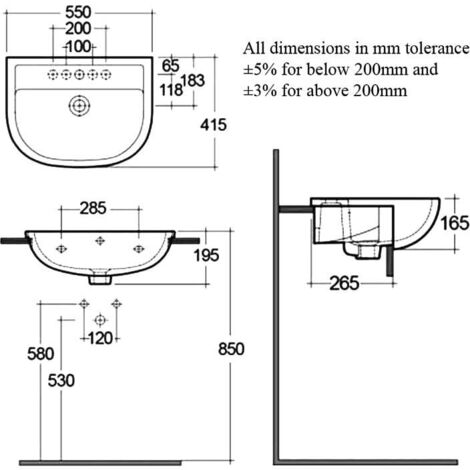 RAK Compact Semi-Recessed Basin 550mm Wide - 1 Tap Hole