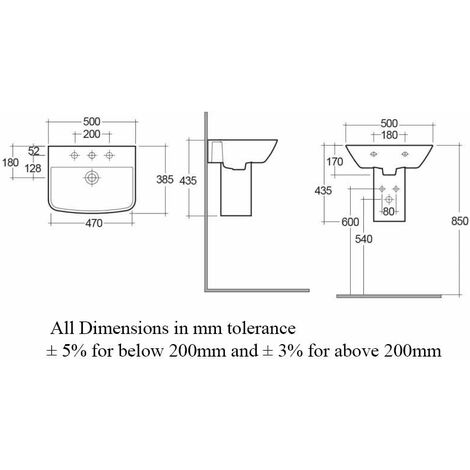 RAK Summit Basin and Semi Pedestal 500mm Wide - 1 Tap Hole
