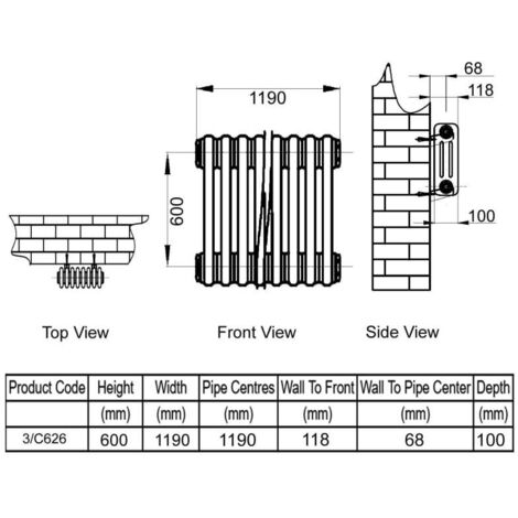 Reina Colona 3 Column Horizontal Radiator 600mm H x 1190mm W - White