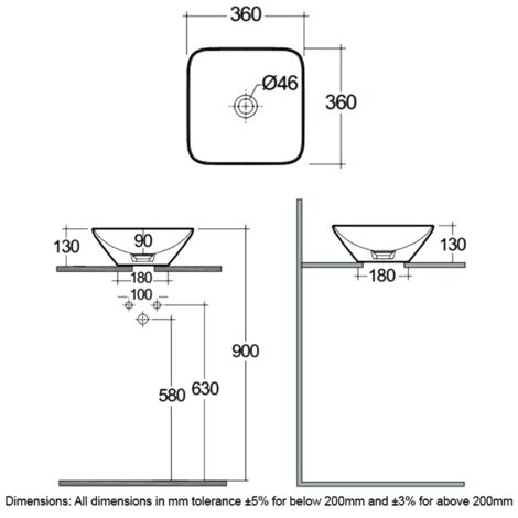 RAK Variant Square Countertop Wash Basin 360mm Wide 0 Tap Hole - Alpine ...