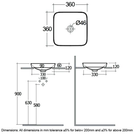 RAK Variant Square Drop-In Wash Basin 360mm Wide 0 Tap Hole - Alpine White
