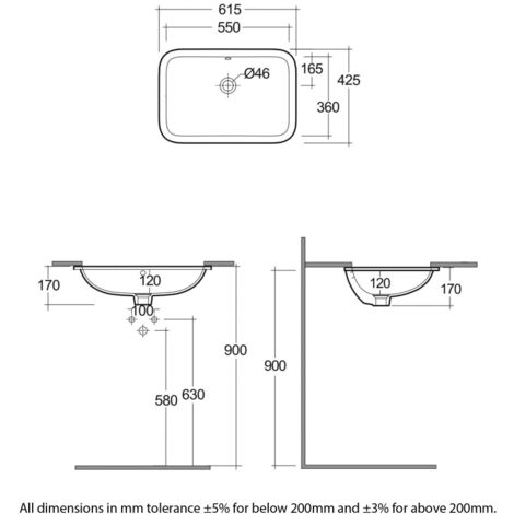 RAK Variant Rectangular Undermount Countertop Basin 550mm Wide - 0 Tap Hole