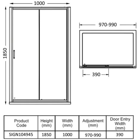 Signature Verve Black Sliding Shower Door 1000mm Wide - 6mm Glass