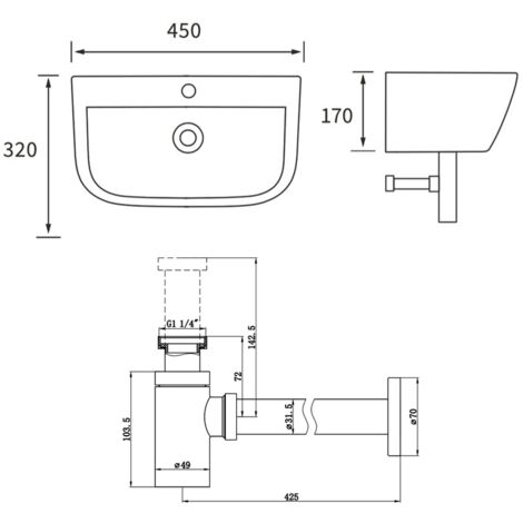 Signature Aztec Wall Hung Cloakroom Basin and Bottle Trap 450mm Wide ...