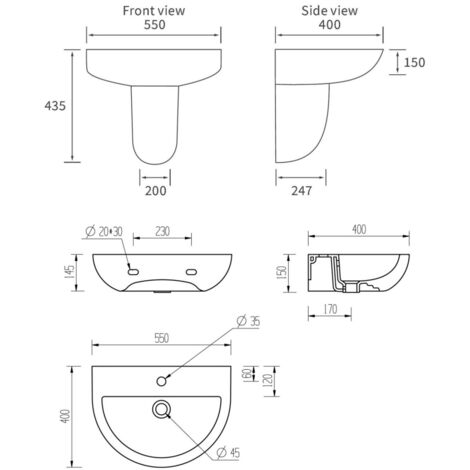 Signature Zeus Basin and Semi Pedestal 550mm Wide - 1 Tap Hole