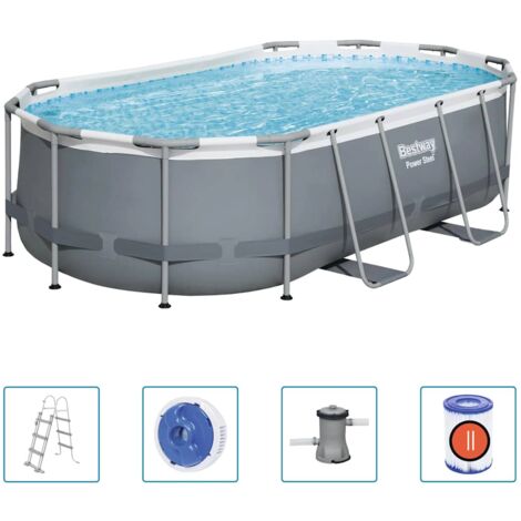 Aufstellpool BESTWAY Power Steel Frame Pool oval 427 x 250 x 100 cm grau mit Filterpumpe