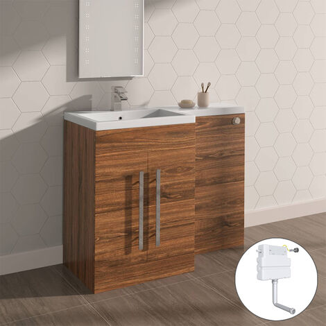 Bathroom Basin Sink Walnut L Shape Left Hand Vanity Unit & Back to Wall ...
