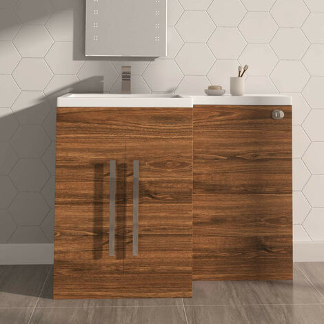 Bathroom Basin Sink Walnut L Shape Left Hand Vanity Unit & Back to Wall ...