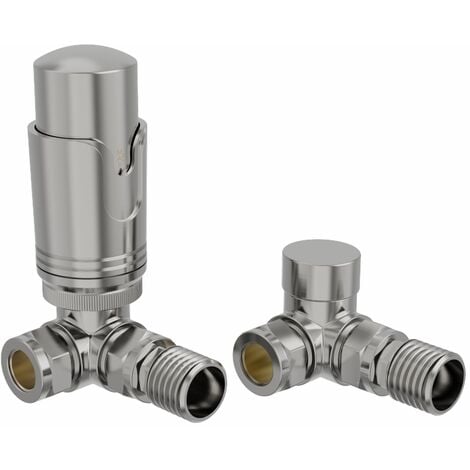 Thermostatic TRV Lockshield Corner Radiator Valves 15mm Pair Satin Nickel