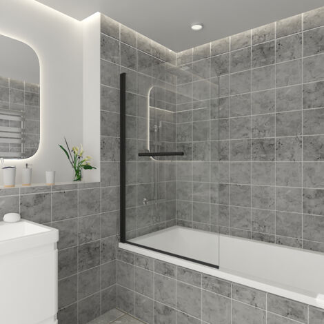 800 x 1400mm Bathroom Round Bath Screen Reversible 6mm Easy Clean Glass Black with Towel Rail