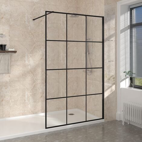 NRG Walk In Wet Room Shower Screen Enclosure Black Grid Glass Cubicle 1200 x 1950mm