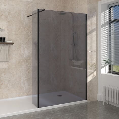 NRG Walk in Shower Enclosure Wet Room Panels Smoked Glass 1400mm Shower Screen with 215mm Return ...