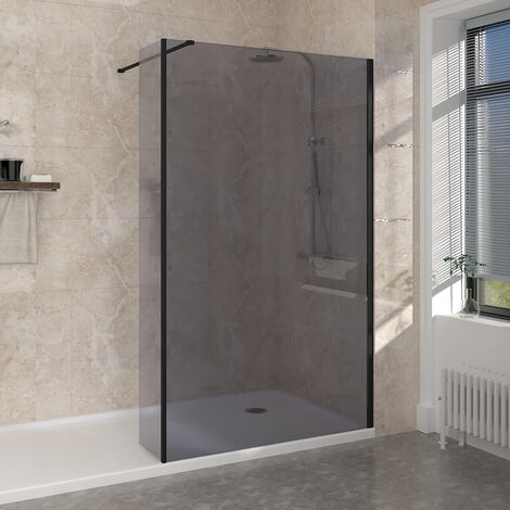 NRG Walk in Shower Enclosure Wet Room Panels Smoked Glass 1200mm Shower Screen with 215mm Return ...