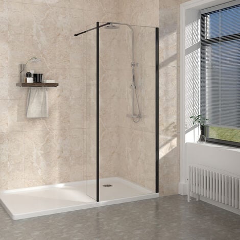 NRG Matte Black Walk In Wet Room Panels Easy Clean Glass 900mm Shower Screen with 300mm Return Panel