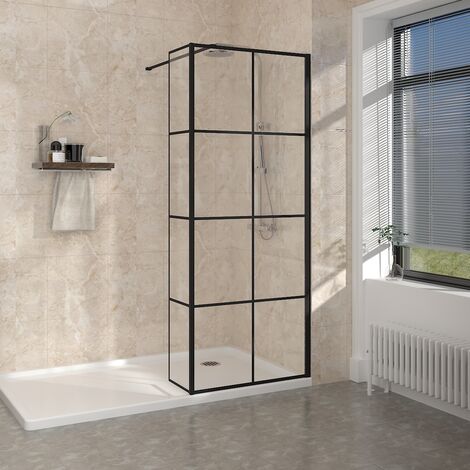 NRG Black Grid Wet Room Walk in Shower Enclosure Panels 700mm Shower Screen with 215mm Return Panel