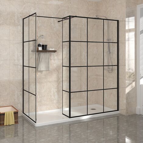 Black Grid Wet Room Walk in Easy Clean Glass Screen Shower Enclosure with Return Panel 700mm ...