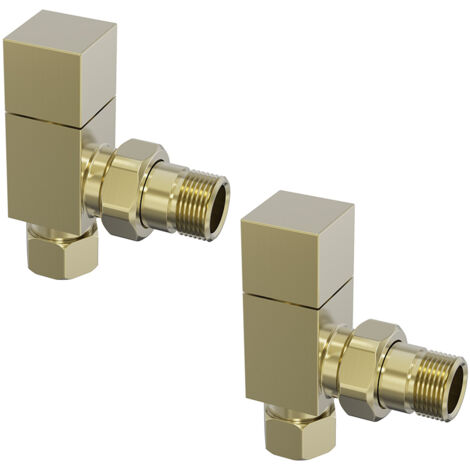Angled Square Head Towel Rail Designer Radiator Valves Brushed Brass Pair