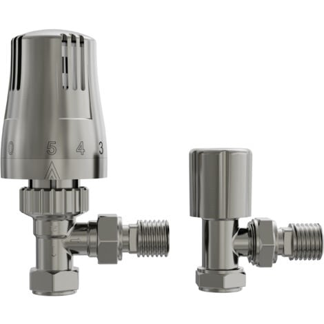 NRG Satin Nickel Thermostatic Angled TRV & Lockshield Radiator Valves ...