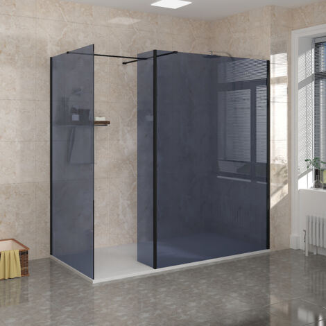 NRG Matt Black 8mm Walk In Shower Enclosure Wet Room Grey Glass Screen 1200mm & 1100mm with ...